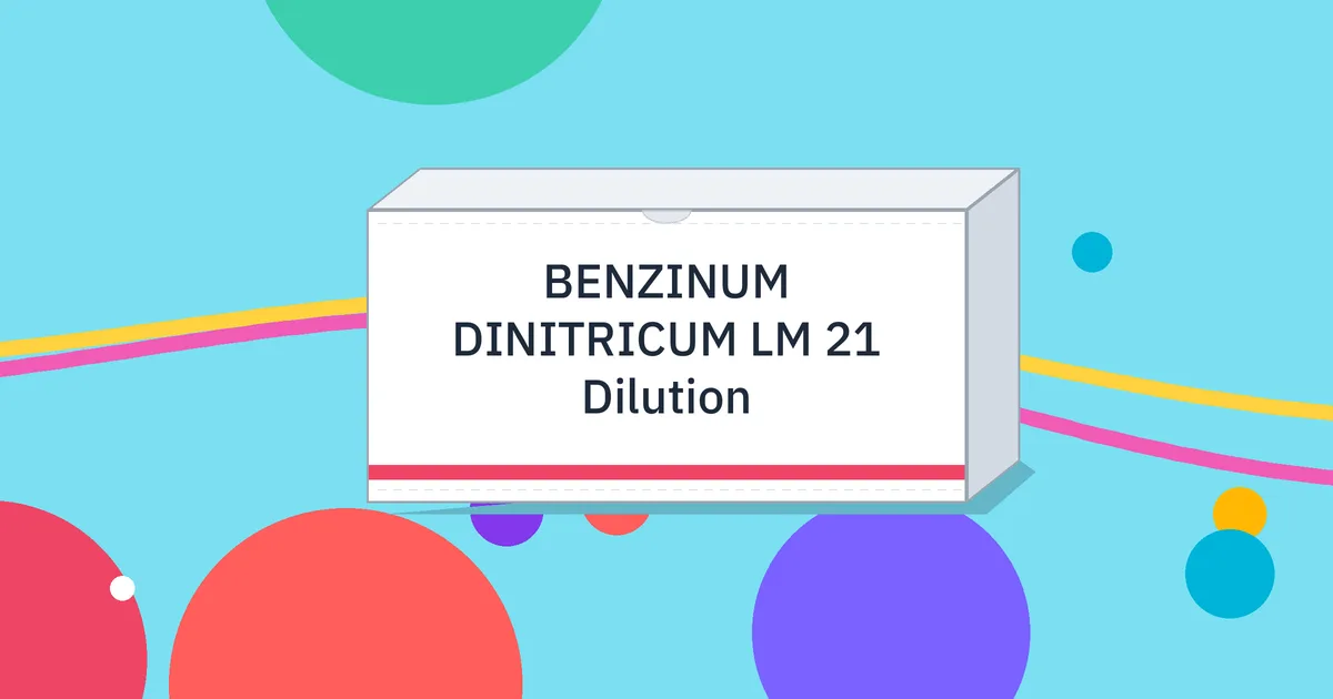 Symbolbild: Packung mit der Aufschrift BENZINUM DINITRICUM LM 21 Dilution (PZN 13382434) – Verfügbarkeit und Bezug in Apotheken in Frankfurt am Main