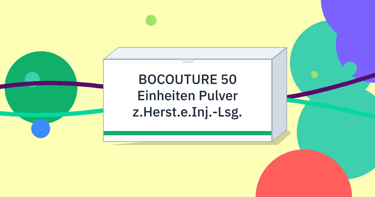 Symbolbild: Packung mit der Aufschrift BOCOUTURE 50 Einheiten Pulver z.Herst.e.Inj.-Lsg. (PZN 13624920) – Verfügbarkeit und Bezug in Apotheken in Frankfurt am Main