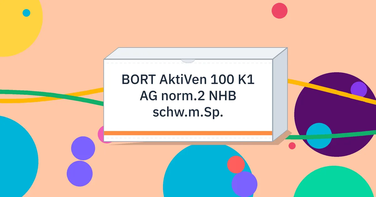 Symbolbild: Packung mit der Aufschrift BORT AktiVen 100 K1 AG norm.2 NHB schw.m.Sp. (PZN 14388226) – Verfügbarkeit und Bezug in Apotheken in Frankfurt am Main