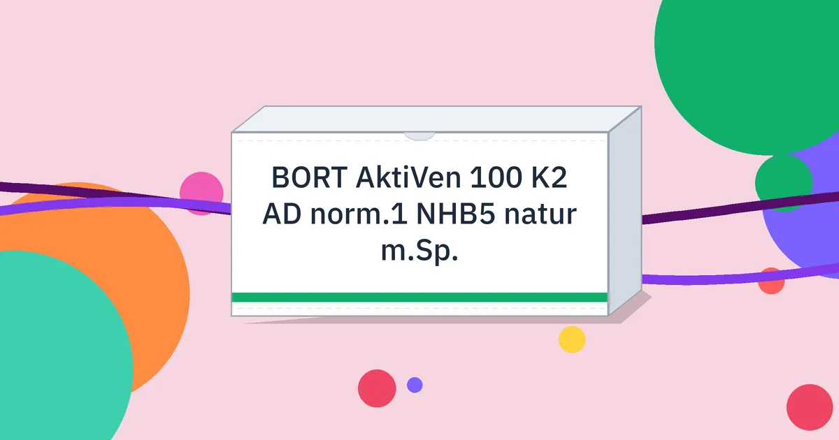 Symbolbild: Packung mit der Aufschrift BORT AktiVen 100 K2 AD norm.1 NHB5 natur m.Sp. (PZN 17493952) – Verfügbarkeit und Bezug in Apotheken in Frankfurt am Main