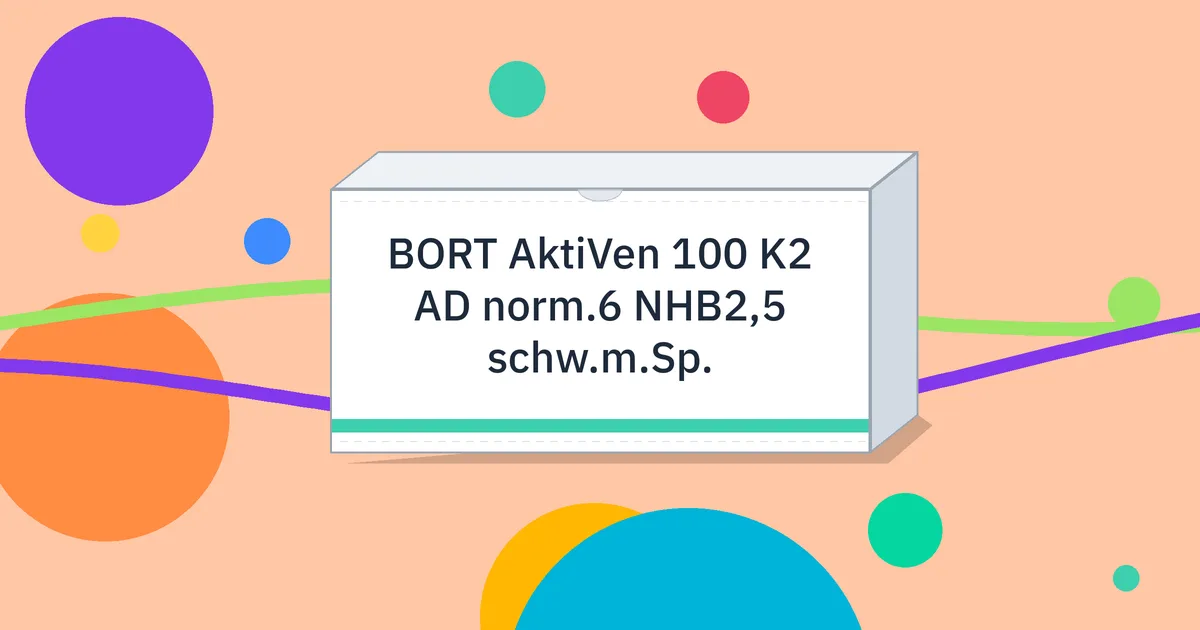 Symbolbild: Packung mit der Aufschrift BORT AktiVen 100 K2 AD norm.6 NHB2,5 schw.m.Sp. (PZN 17501841) – Verfügbarkeit und Bezug in Apotheken in Frankfurt am Main