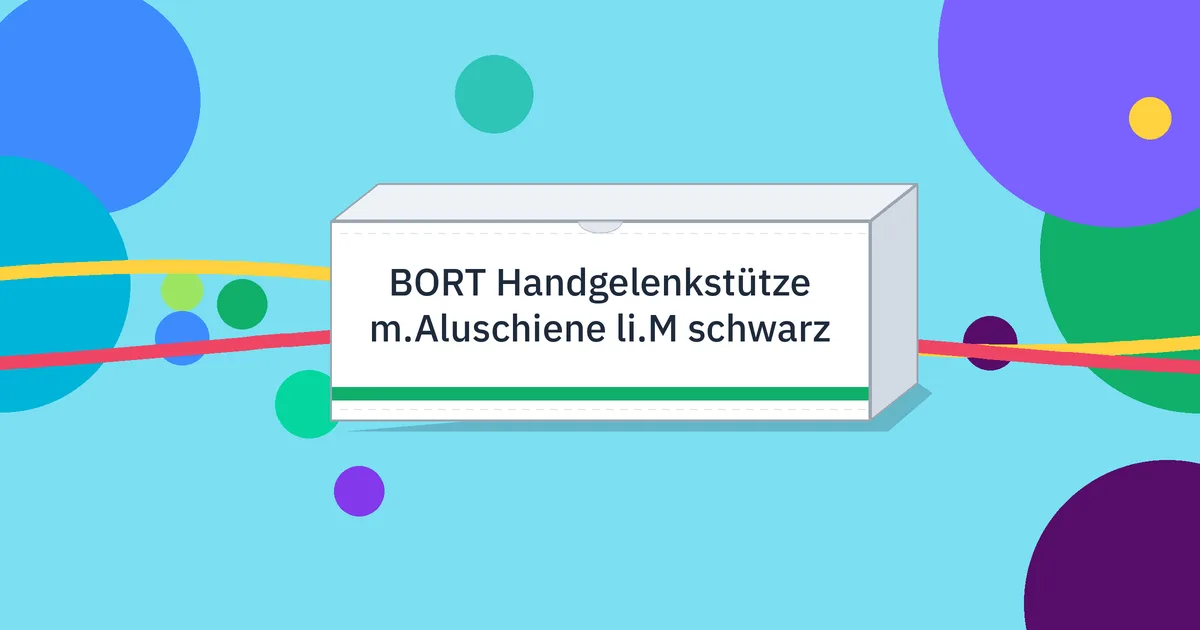 Symbolbild: Packung mit der Aufschrift BORT Handgelenkstütze m.Aluschiene li.M schwarz (PZN 05539459) – Verfügbarkeit und Bezug in Apotheken in Frankfurt am Main