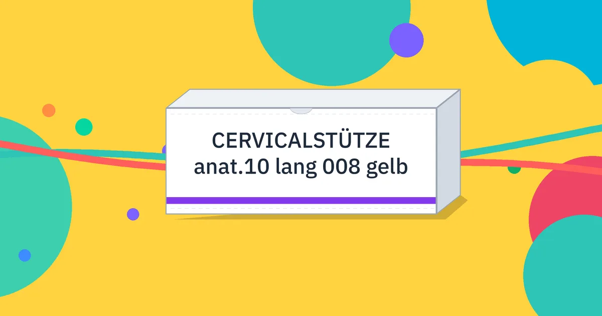 Symbolbild: Packung mit der Aufschrift CERVICALSTÜTZE anat.10 lang 008 gelb (PZN 08895692) – Verfügbarkeit und Bezug in Apotheken in Frankfurt am Main