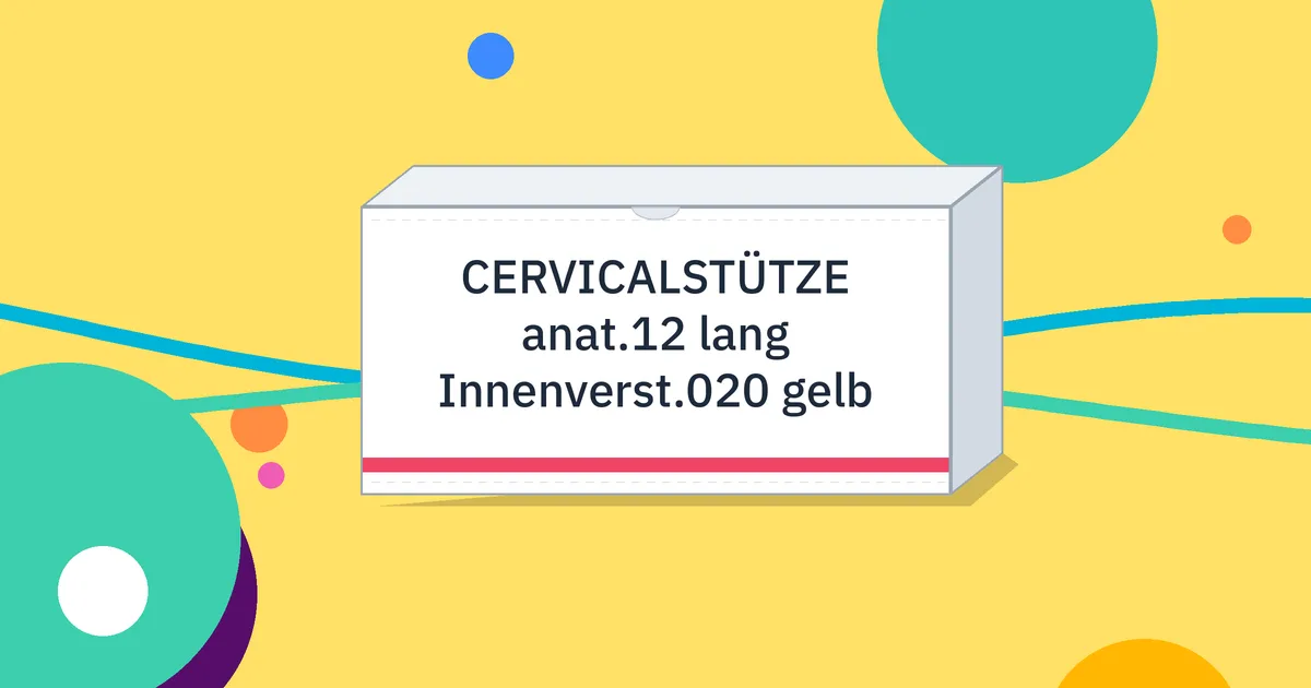 Symbolbild: Packung mit der Aufschrift CERVICALSTÜTZE anat.12 lang Innenverst.020 gelb (PZN 08895255) – Verfügbarkeit und Bezug in Apotheken in Frankfurt am Main