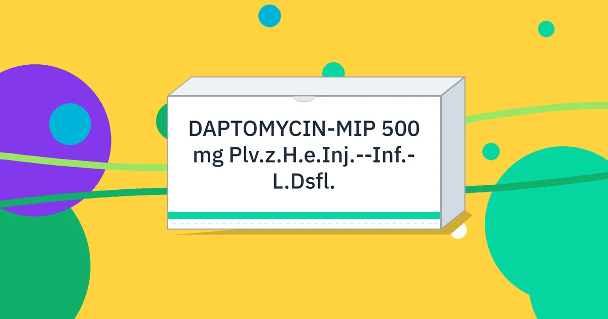 Symbolbild: Packung mit der Aufschrift DAPTOMYCIN-MIP 500 mg Plv.z.H.e.Inj.--Inf.-L.Dsfl. (PZN 19645840) – Verfügbarkeit und Bezug in Apotheken in Frankfurt am Main