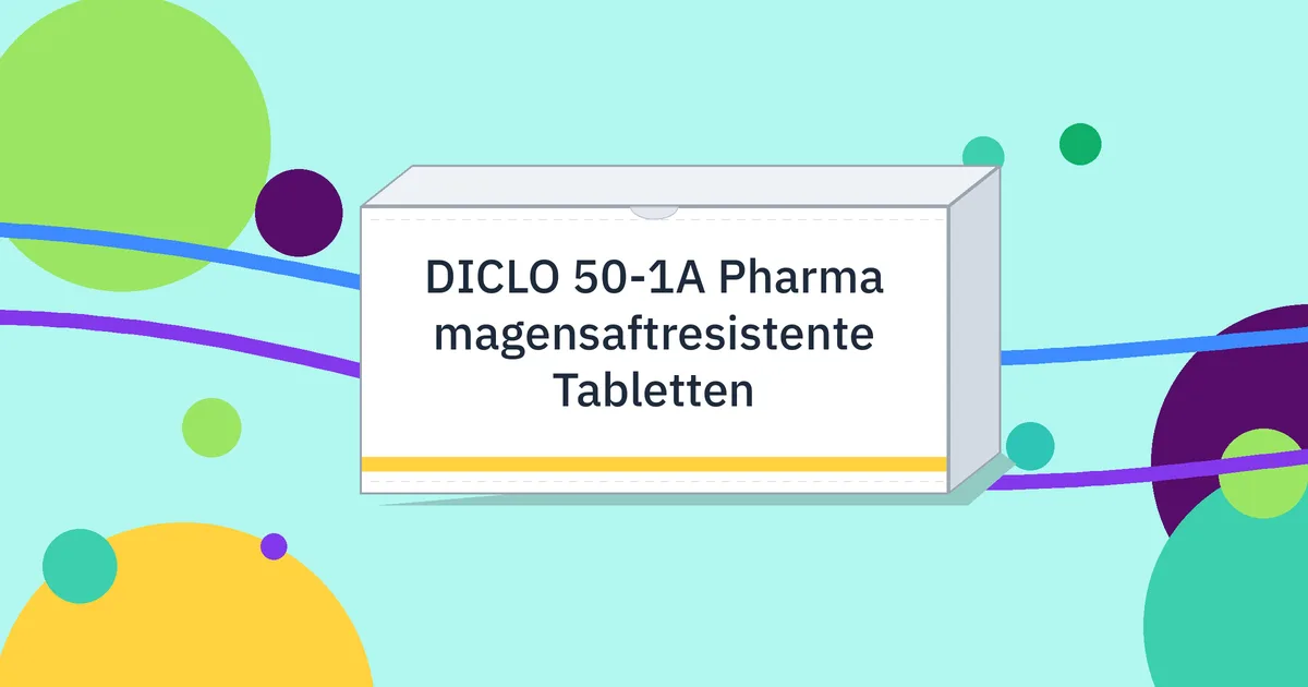 Symbolbild: Packung mit der Aufschrift DICLO 50-1A Pharma magensaftresistente Tabletten (PZN 08533670) – Verfügbarkeit und Bezug in Apotheken in Frankfurt am Main