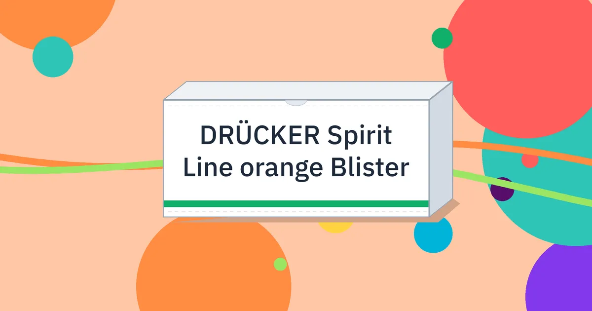 Symbolbild: Packung mit der Aufschrift DRÜCKER Spirit Line orange Blister (PZN 01589058) – Verfügbarkeit und Bezug in Apotheken in Frankfurt am Main