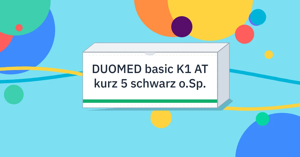 Symbolbild: Packung mit der Aufschrift DUOMED basic K1 AT kurz 5 schwarz o.Sp. (PZN 20903069) – Verfügbarkeit und Bezug in Apotheken in Frankfurt am Main