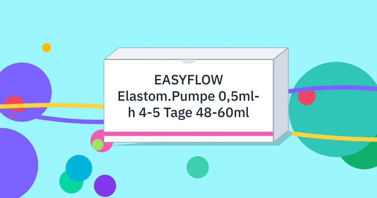Symbolbild: Packung mit der Aufschrift EASYFLOW Elastom.Pumpe 0,5ml-h 4-5 Tage 48-60ml (PZN 18095604) – Verfügbarkeit und Bezug in Apotheken in Frankfurt am Main