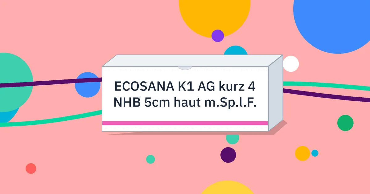 Symbolbild: Packung mit der Aufschrift ECOSANA K1 AG kurz 4 NHB 5cm haut m.Sp.l.F. (PZN 04728589) – Verfügbarkeit und Bezug in Apotheken in Frankfurt am Main