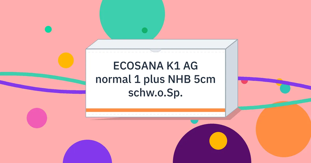 Symbolbild: Packung mit der Aufschrift ECOSANA K1 AG normal 1 plus NHB 5cm schw.o.Sp. (PZN 04725705) – Verfügbarkeit und Bezug in Apotheken in Frankfurt am Main