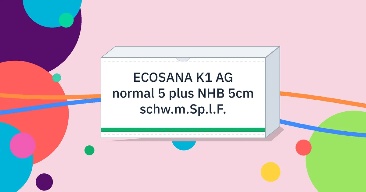Symbolbild: Packung mit der Aufschrift ECOSANA K1 AG normal 5 plus NHB 5cm schw.m.Sp.l.F. (PZN 04728922) – Verfügbarkeit und Bezug in Apotheken in Frankfurt am Main