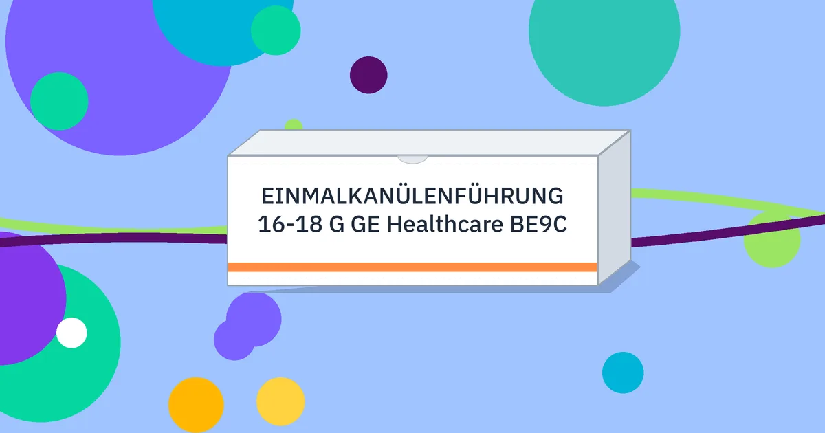Symbolbild: Packung mit der Aufschrift EINMALKANÜLENFÜHRUNG 16-18 G GE Healthcare BE9C (PZN 20288799) – Verfügbarkeit und Bezug in Apotheken in Frankfurt am Main