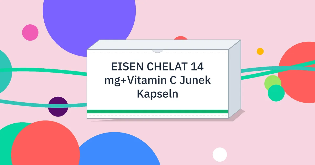 Symbolbild: Packung mit der Aufschrift EISEN CHELAT 14 mg+Vitamin C Junek Kapseln (PZN 10082217) – Verfügbarkeit und Bezug in Apotheken in Frankfurt am Main