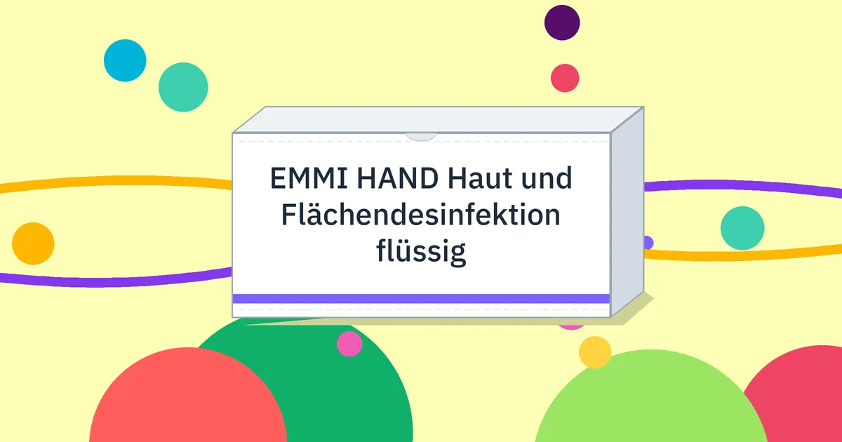 Symbolbild: Packung mit der Aufschrift EMMI HAND Haut und Flächendesinfektion flüssig (PZN 16654117) – Verfügbarkeit und Bezug in Apotheken in Frankfurt am Main