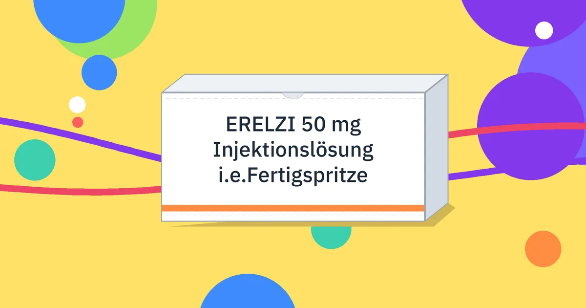 Symbolbild: Packung mit der Aufschrift ERELZI 50 mg Injektionslösung i.e.Fertigspritze (PZN 18454210) – Verfügbarkeit und Bezug in Apotheken in Frankfurt am Main