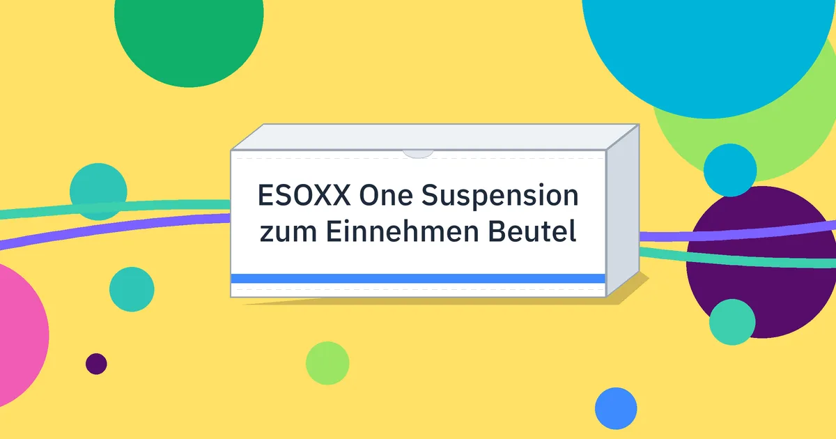 Symbolbild: Packung mit der Aufschrift ESOXX One Suspension zum Einnehmen Beutel (PZN 19456257) – Verfügbarkeit und Bezug in Apotheken in Frankfurt am Main