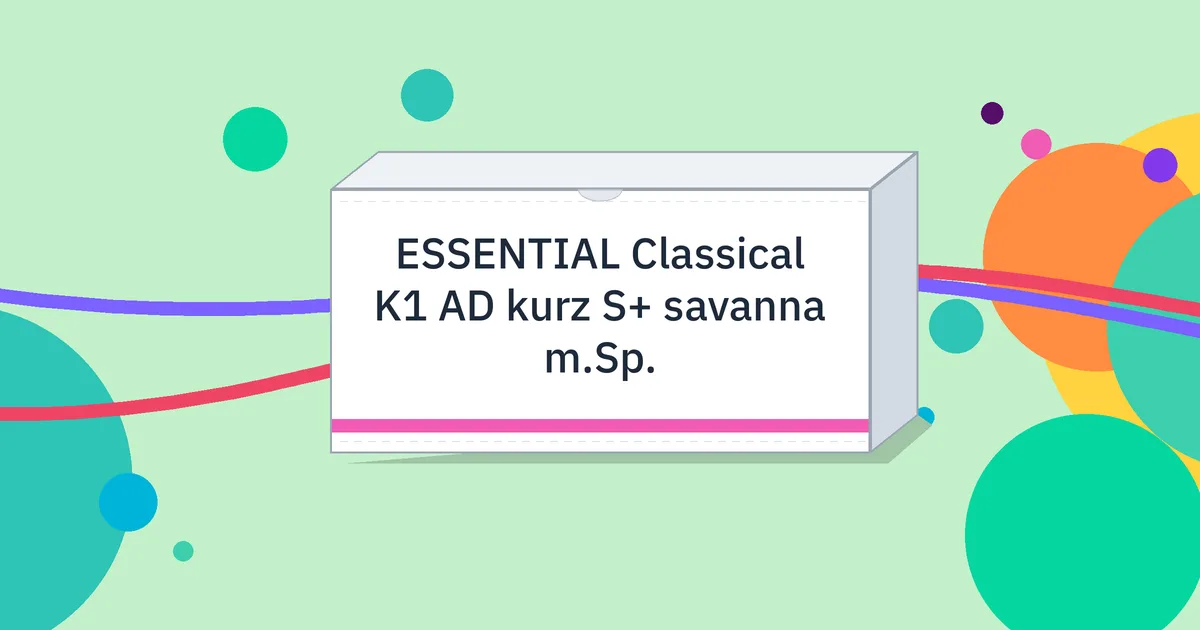 Symbolbild: Packung mit der Aufschrift ESSENTIAL Classical K1 AD kurz S+ savanna m.Sp. (PZN 17000004) – Verfügbarkeit und Bezug in Apotheken in Frankfurt am Main