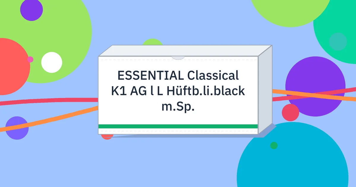 Symbolbild: Packung mit der Aufschrift ESSENTIAL Classical K1 AG l L Hüftb.li.black m.Sp. (PZN 17013337) – Verfügbarkeit und Bezug in Apotheken in Frankfurt am Main