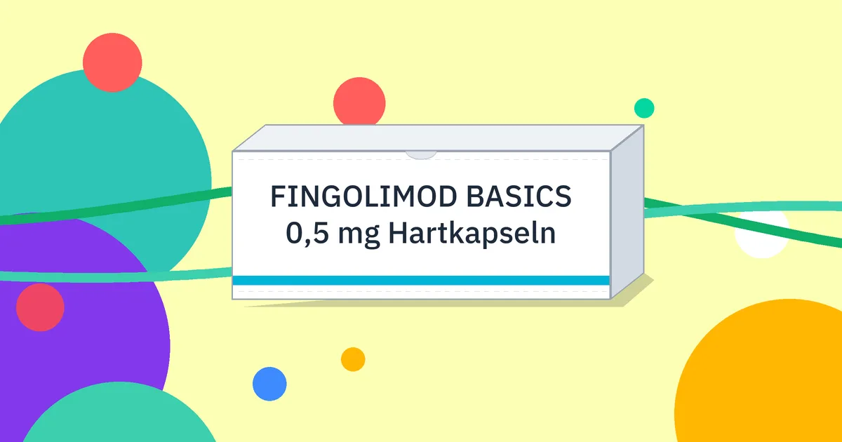 Symbolbild: Packung mit der Aufschrift FINGOLIMOD BASICS 0,5 mg Hartkapseln (PZN 16779557) – Verfügbarkeit und Bezug in Apotheken in Frankfurt am Main