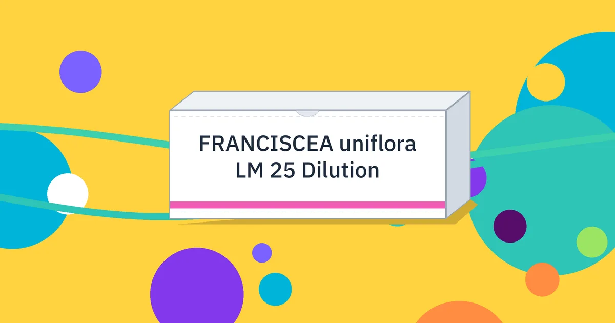 Symbolbild: Packung mit der Aufschrift FRANCISCEA uniflora LM 25 Dilution (PZN 13491264) – Verfügbarkeit und Bezug in Apotheken in Frankfurt am Main