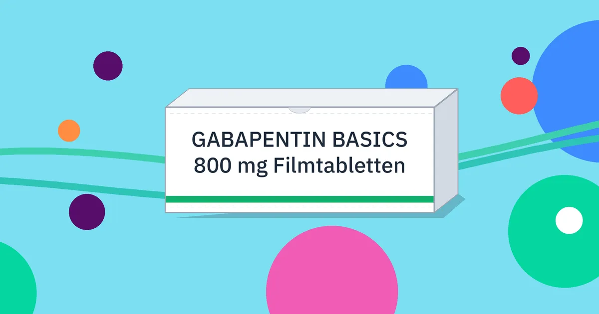 Symbolbild: Packung mit der Aufschrift GABAPENTIN BASICS 800 mg Filmtabletten (PZN 07229415) – Verfügbarkeit und Bezug in Apotheken in Frankfurt am Main