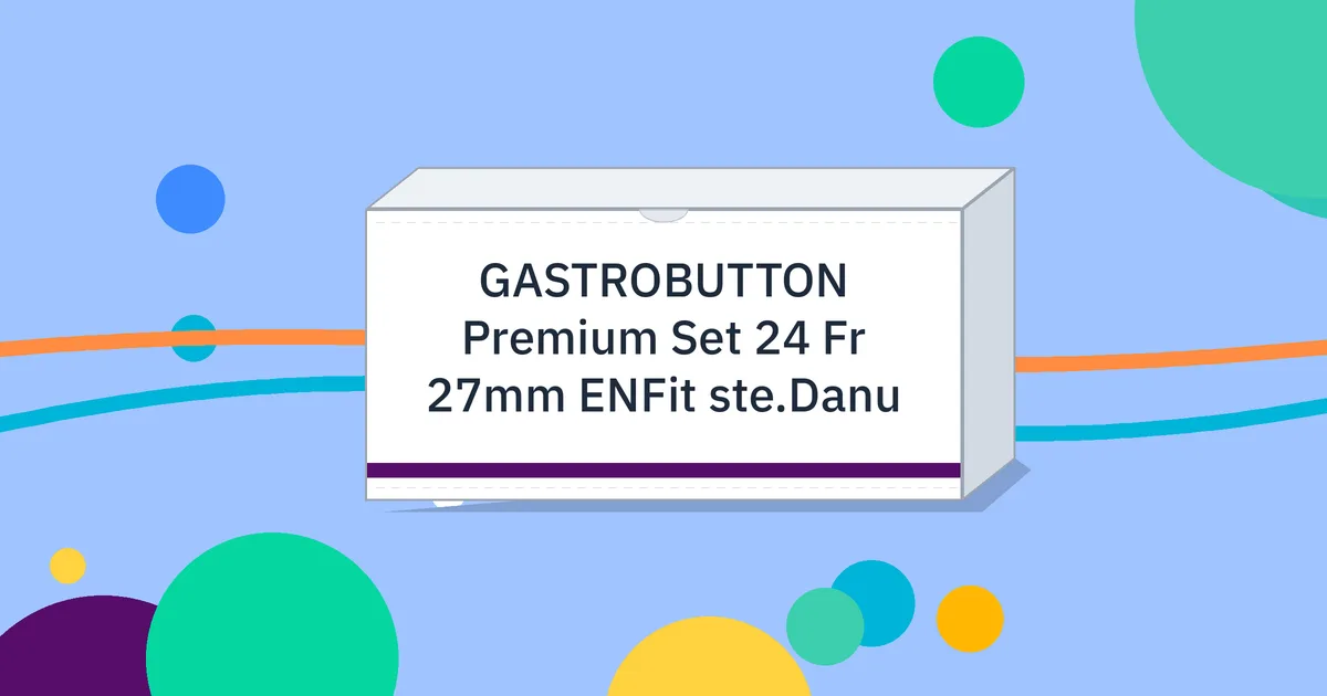Symbolbild: Packung mit der Aufschrift GASTROBUTTON Premium Set 24 Fr 27mm ENFit ste.Danu (PZN 16884171) – Verfügbarkeit und Bezug in Apotheken in Frankfurt am Main
