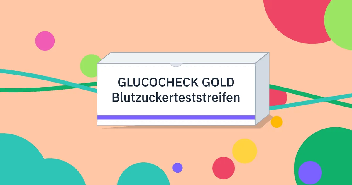 Symbolbild: Packung mit der Aufschrift GLUCOCHECK GOLD Blutzuckerteststreifen (PZN 11864956) – Verfügbarkeit und Bezug in Apotheken in Frankfurt am Main