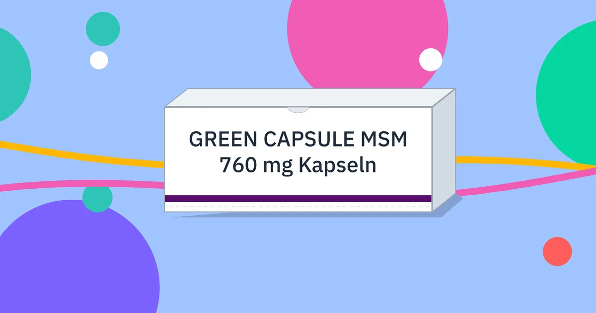 Symbolbild: Packung mit der Aufschrift GREEN CAPSULE MSM 760 mg Kapseln (PZN 18243068) – Verfügbarkeit und Bezug in Apotheken in Frankfurt am Main