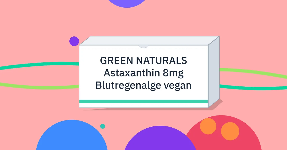 Symbolbild: Packung mit der Aufschrift GREEN NATURALS Astaxanthin 8mg Blutregenalge vegan (PZN 20411656) – Verfügbarkeit und Bezug in Apotheken in Frankfurt am Main