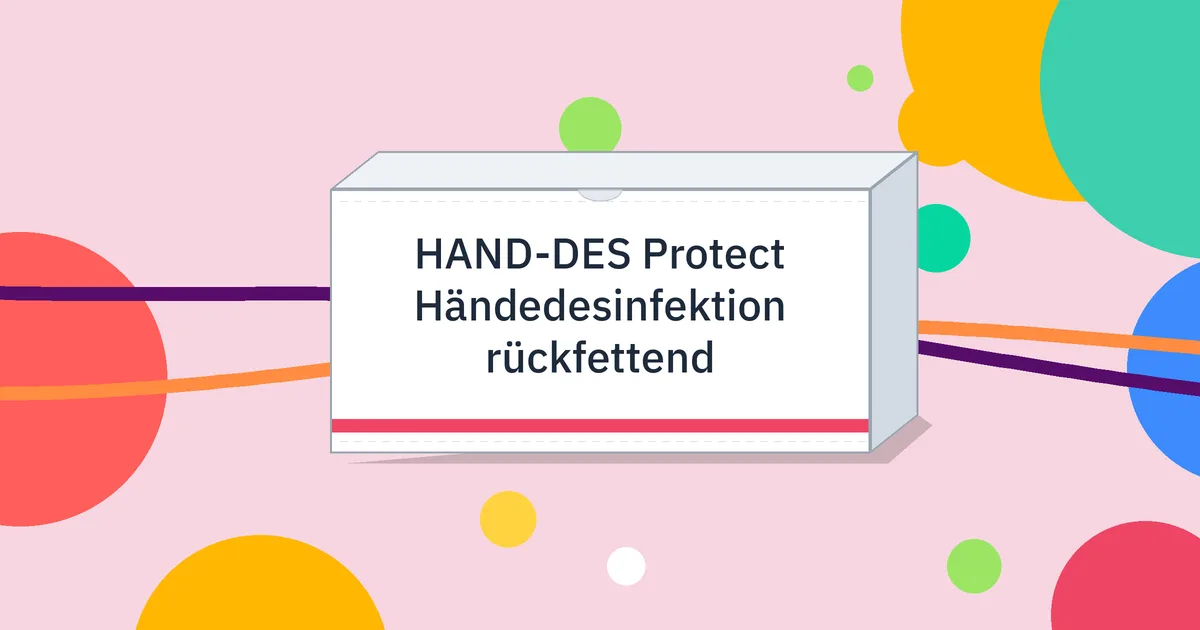 Symbolbild: Packung mit der Aufschrift HAND-DES Protect Händedesinfektion rückfettend (PZN 07777128) – Verfügbarkeit und Bezug in Apotheken in Frankfurt am Main