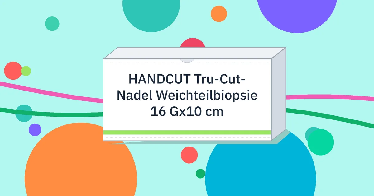 Symbolbild: Packung mit der Aufschrift HANDCUT Tru-Cut-Nadel Weichteilbiopsie 16 Gx10 cm (PZN 19736376) – Verfügbarkeit und Bezug in Apotheken in Frankfurt am Main