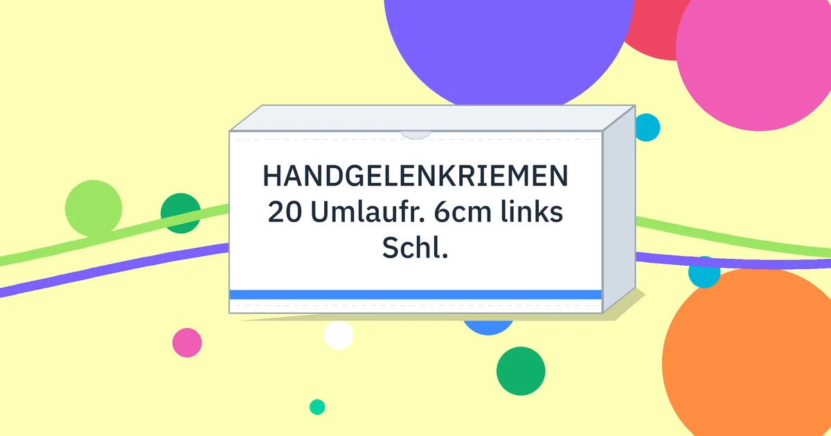 Symbolbild: Packung mit der Aufschrift HANDGELENKRIEMEN 20 Umlaufr. 6cm links Schl. (PZN 01963108) – Verfügbarkeit und Bezug in Apotheken in Frankfurt am Main