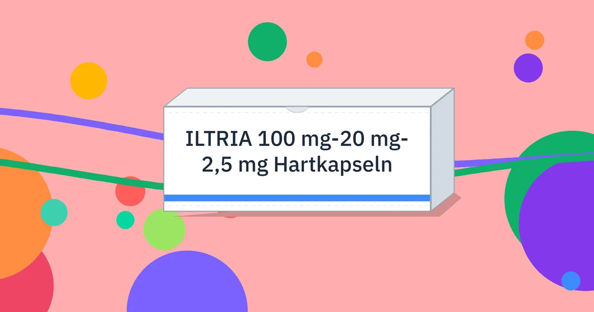 Symbolbild: Packung mit der Aufschrift ILTRIA 100 mg-20 mg-2,5 mg Hartkapseln (PZN 13359895) – Verfügbarkeit und Bezug in Apotheken in Frankfurt am Main