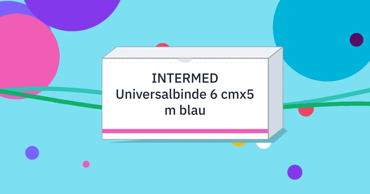 Symbolbild: Packung mit der Aufschrift INTERMED Universalbinde 6 cmx5 m blau (PZN 02574082) – Verfügbarkeit und Bezug in Apotheken in Frankfurt am Main