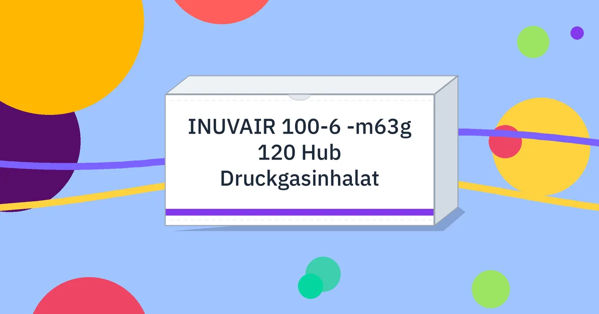Symbolbild: Packung mit der Aufschrift INUVAIR 100-6 -m63g 120 Hub Druckgasinhalat (PZN 17185357) – Verfügbarkeit und Bezug in Apotheken in Frankfurt am Main