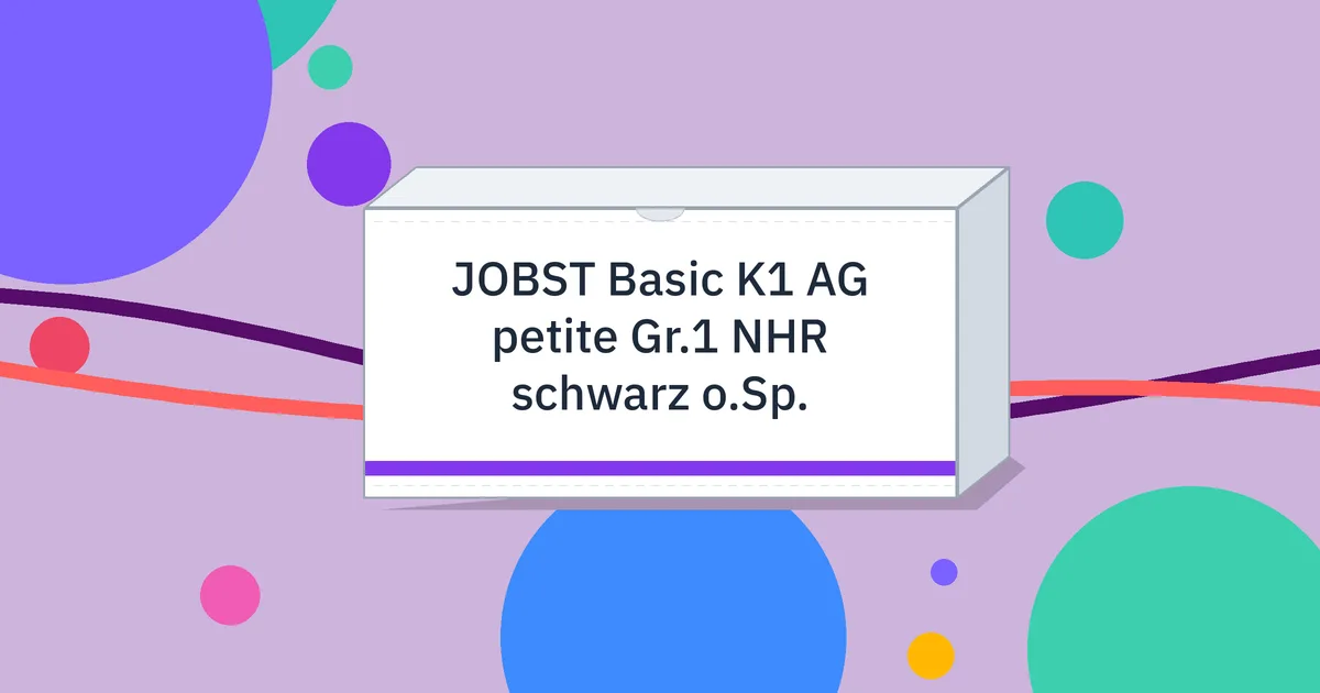 Symbolbild: Packung mit der Aufschrift JOBST Basic K1 AG petite Gr.1 NHR schwarz o.Sp. (PZN 15309476) – Verfügbarkeit und Bezug in Apotheken in Frankfurt am Main