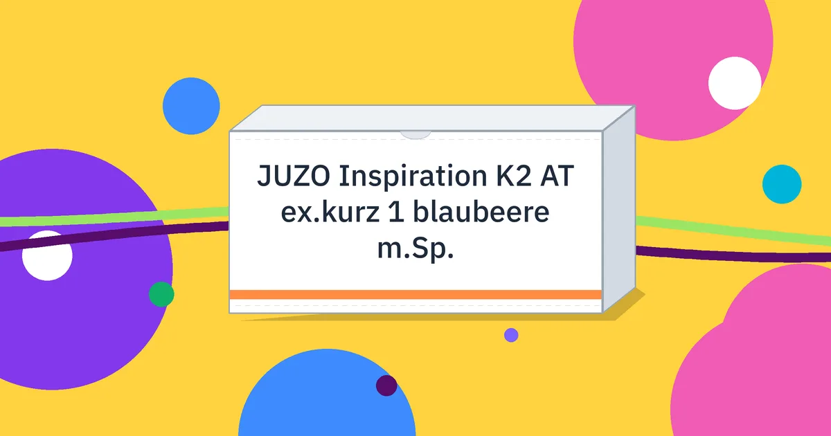 Symbolbild: Packung mit der Aufschrift JUZO Inspiration K2 AT ex.kurz 1 blaubeere m.Sp. (PZN 14952632) – Verfügbarkeit und Bezug in Apotheken in Frankfurt am Main