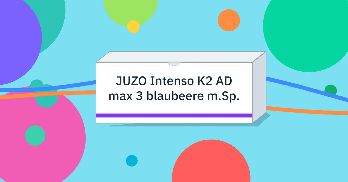 Symbolbild: Packung mit der Aufschrift JUZO Intenso K2 AD max 3 blaubeere m.Sp. (PZN 18609285) – Verfügbarkeit und Bezug in Apotheken in Frankfurt am Main