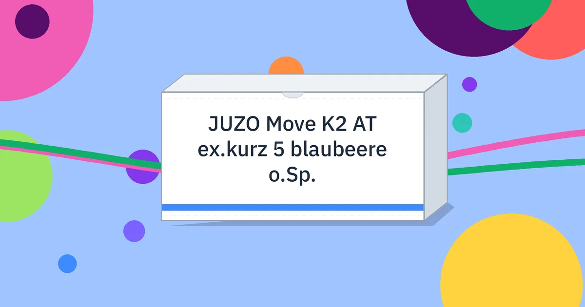 Symbolbild: Packung mit der Aufschrift JUZO Move K2 AT ex.kurz 5 blaubeere o.Sp. (PZN 20672380) – Verfügbarkeit und Bezug in Apotheken in Frankfurt am Main