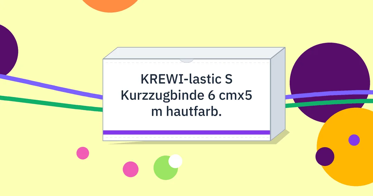 Symbolbild: Packung mit der Aufschrift KREWI-lastic S Kurzzugbinde 6 cmx5 m hautfarb. (PZN 17301467) – Verfügbarkeit und Bezug in Apotheken in Frankfurt am Main