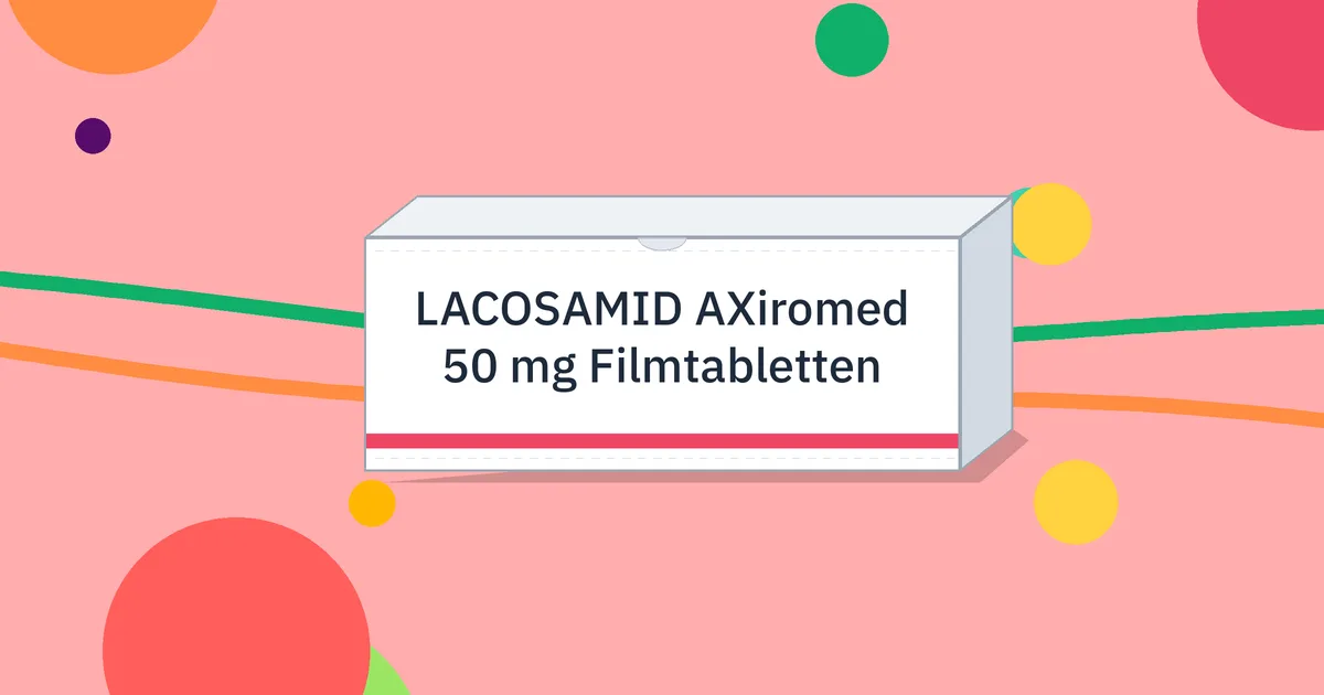 Symbolbild: Packung mit der Aufschrift LACOSAMID AXiromed 50 mg Filmtabletten (PZN 18726737) – Verfügbarkeit und Bezug in Apotheken in Frankfurt am Main