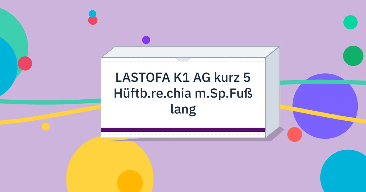 Symbolbild: Packung mit der Aufschrift LASTOFA K1 AG kurz 5 Hüftb.re.chia m.Sp.Fuß lang (PZN 13798689) – Verfügbarkeit und Bezug in Apotheken in Frankfurt am Main