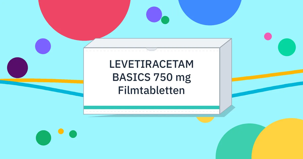 Symbolbild: Packung mit der Aufschrift LEVETIRACETAM BASICS 750 mg Filmtabletten (PZN 09482963) – Verfügbarkeit und Bezug in Apotheken in Frankfurt am Main