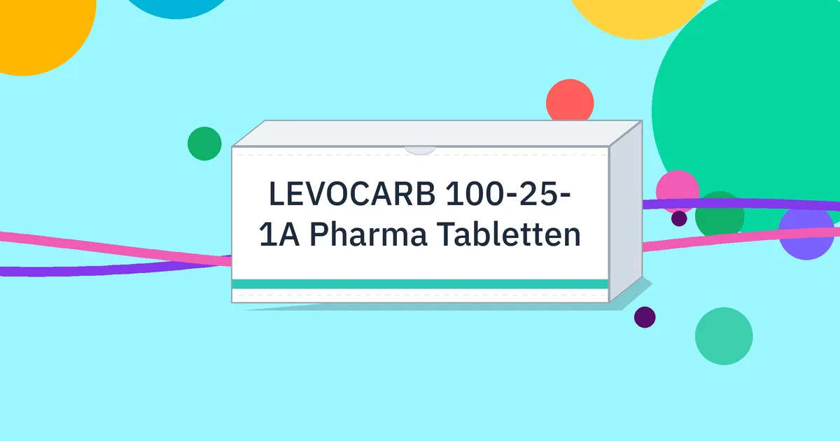 Symbolbild: Packung mit der Aufschrift LEVOCARB 100-25-1A Pharma Tabletten (PZN 07510230) – Verfügbarkeit und Bezug in Apotheken in Frankfurt am Main