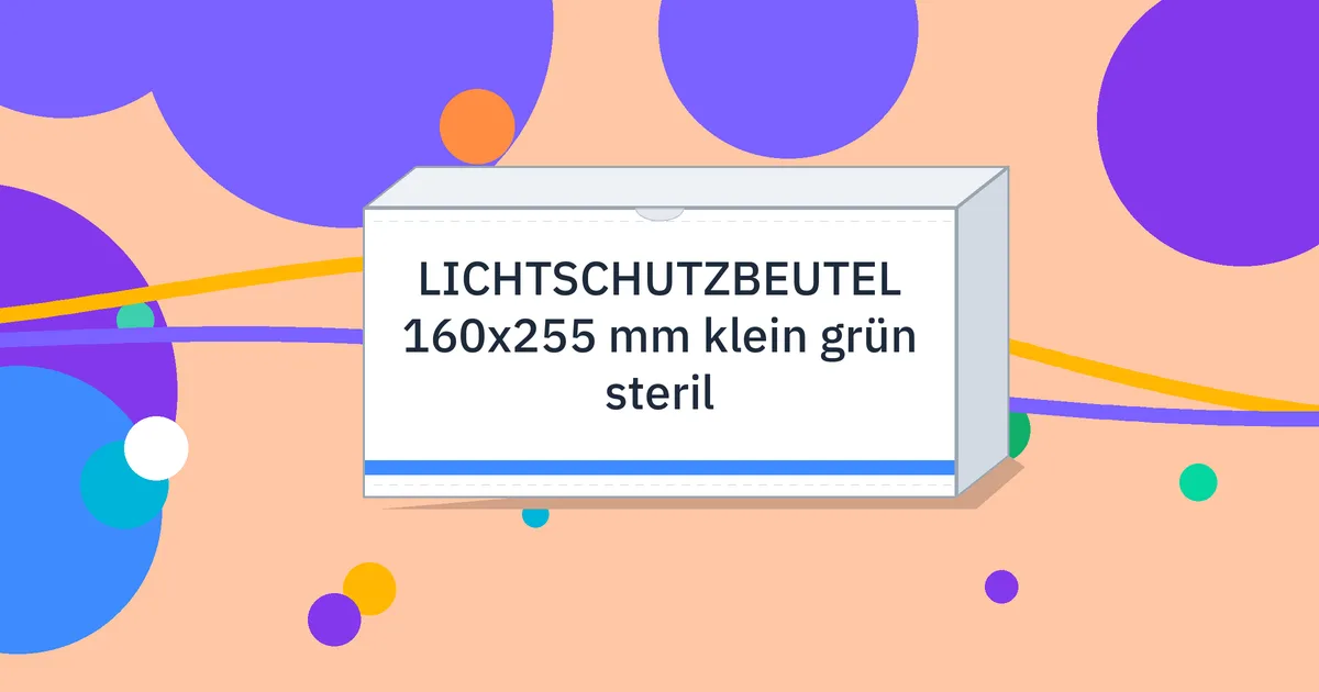 Symbolbild: Packung mit der Aufschrift LICHTSCHUTZBEUTEL 160x255 mm klein grün steril (PZN 19885774) – Verfügbarkeit und Bezug in Apotheken in Frankfurt am Main