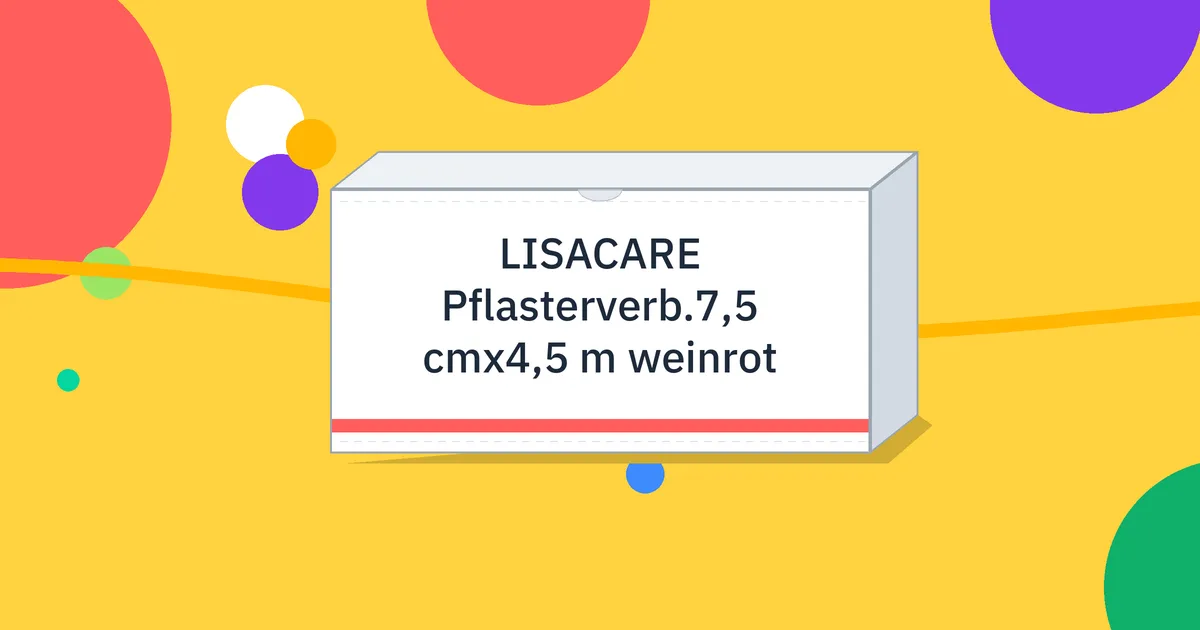 Symbolbild: Packung mit der Aufschrift LISACARE Pflasterverb.7,5 cmx4,5 m weinrot (PZN 17892729) – Verfügbarkeit und Bezug in Apotheken in Frankfurt am Main