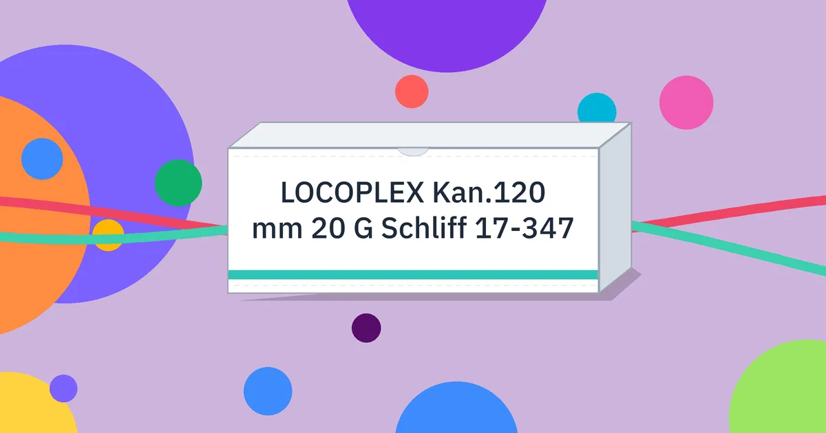 Symbolbild: Packung mit der Aufschrift LOCOPLEX Kan.120 mm 20 G Schliff 17-347 (PZN 00994561) – Verfügbarkeit und Bezug in Apotheken in Frankfurt am Main