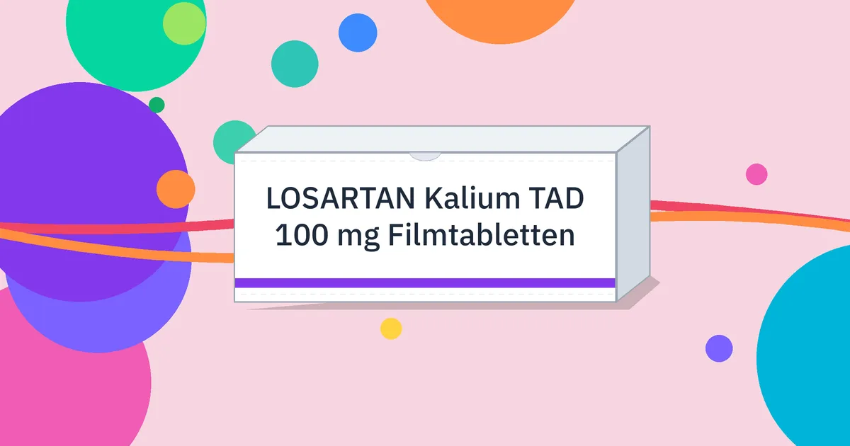 Symbolbild: Packung mit der Aufschrift LOSARTAN Kalium TAD 100 mg Filmtabletten (PZN 09691951) – Verfügbarkeit und Bezug in Apotheken in Frankfurt am Main