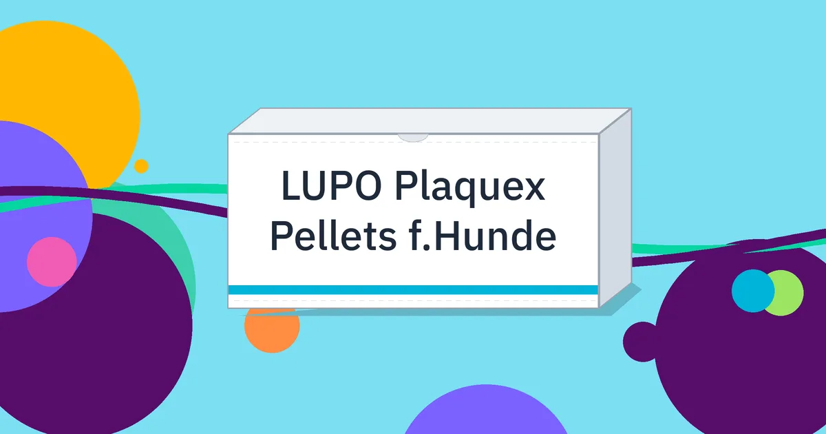 Symbolbild: Packung mit der Aufschrift LUPO Plaquex Pellets f.Hunde (PZN 19252282) – Verfügbarkeit und Bezug in Apotheken in Frankfurt am Main